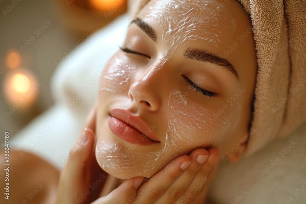 A woman hides behind a mask, concealing her human face and skin as she ...