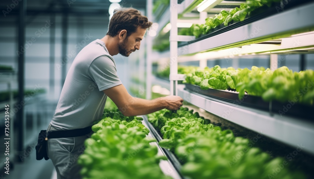 Man working in the modern vertical farm, Male Vertical farmer tends to ...