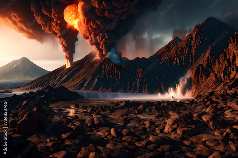 disaster scene of volcanos, illustration force of nature - concept art ...
