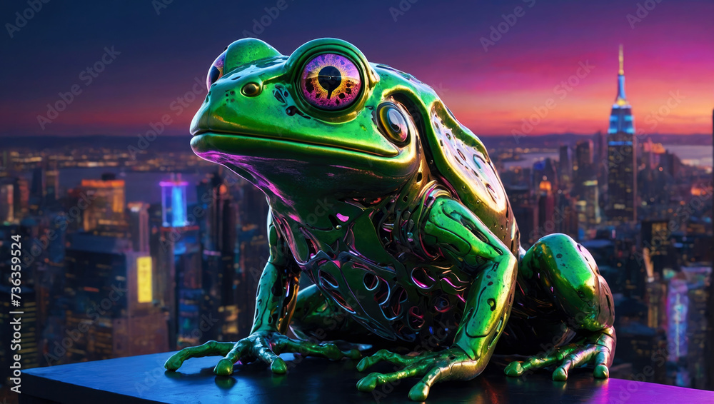 closeup of cybernetic transparent shiny frog with lights and chips and ...