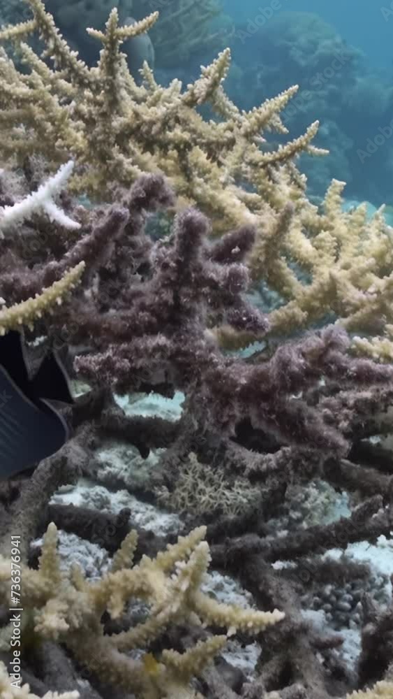Sea world of underwater fish life against backdrop of corals on coral ...