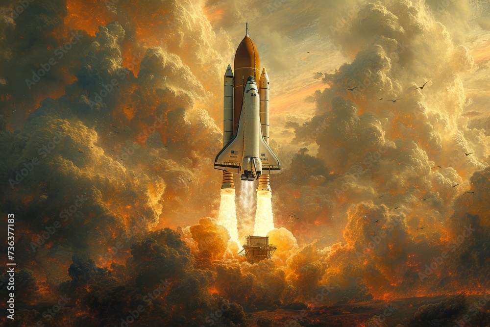 A sleek space shuttle soars through the clouds, propelled by a powerful ... A sleek space shuttle soars through the clouds, propelled by a powerful ...