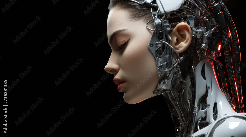 beautiful android girl with artificial intelligence, on isolated black ...