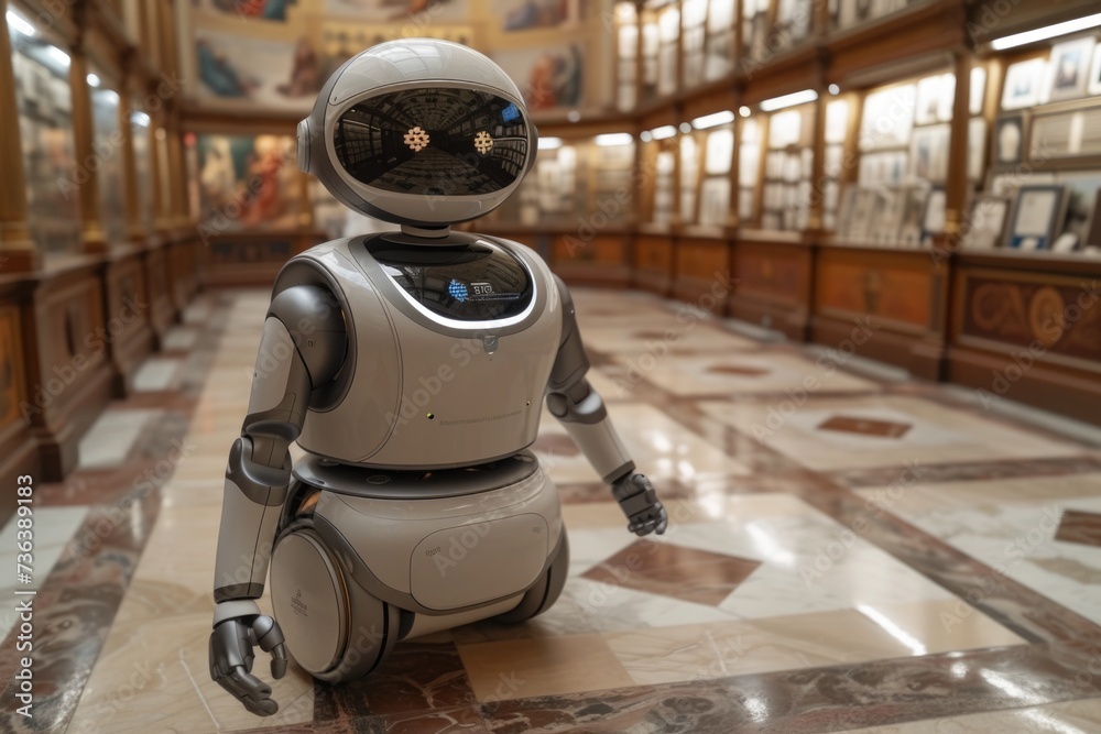 A futuristic robot guide with a sleek design stands in a grand hall ...