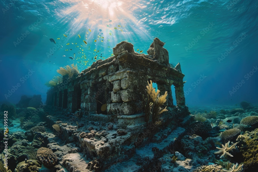 An underwater photo showcasing the remains of an old building submerged ...