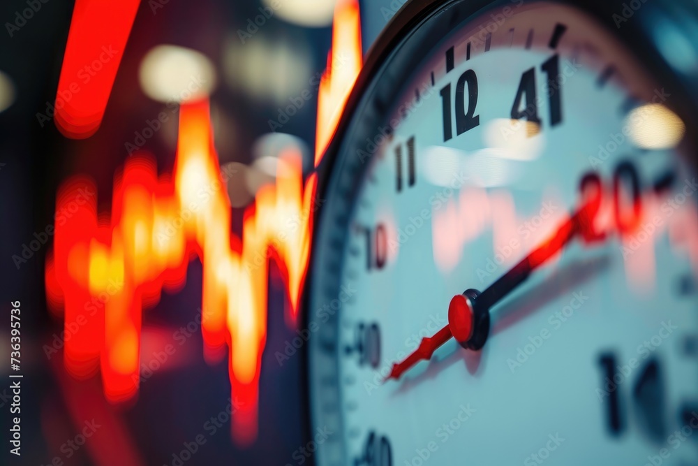 A close-up photograph of a clock, with a red arrow pointing towards a ...