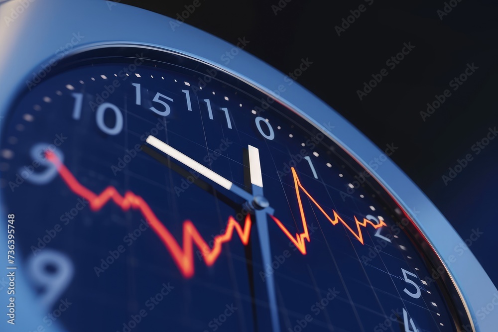 A detailed view of a clock with a prominent red arrow pointing towards ...