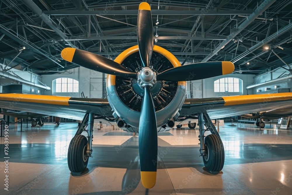 A propeller plane is seen parked inside a hangar, ready for maintenance ...