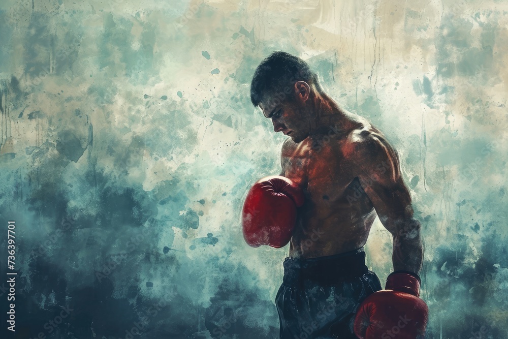 The painting depicts a male figure wearing boxing gloves, capturing the ...