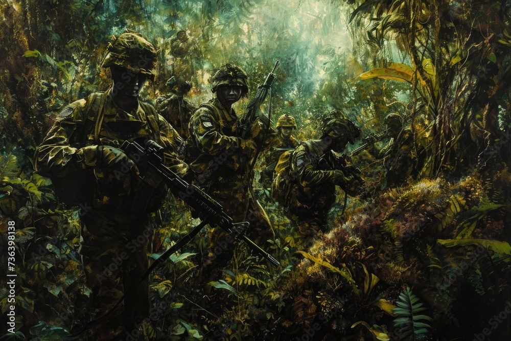 Painting of Soldiers Patrolling in the Jungle, An artwork showcasing ...