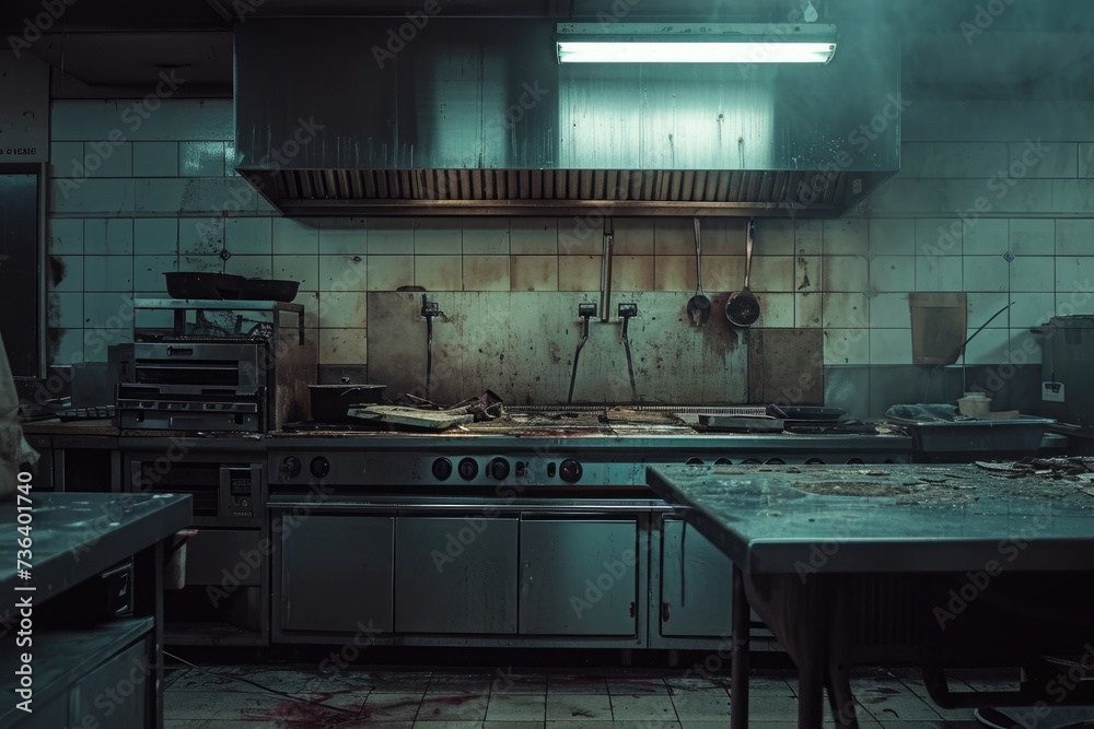 The photo shows a kitchen filled with clutter and dirt scattered on the ...