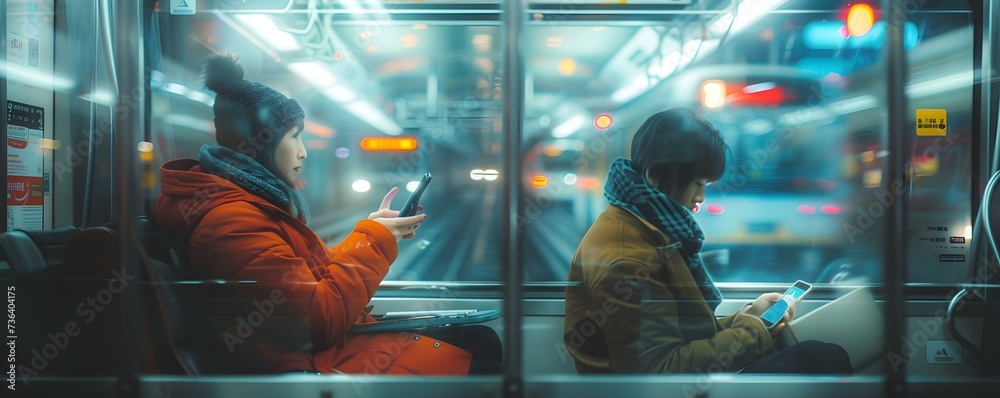 Passengers immersed in their mobile devices while commuting on public ...