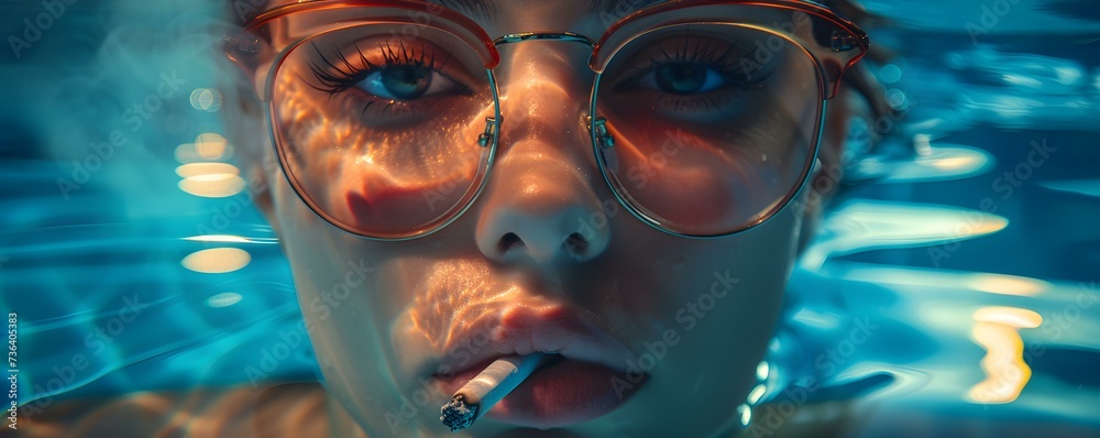 Enigmatic image of woman smoking a cigarette submerged in water ...