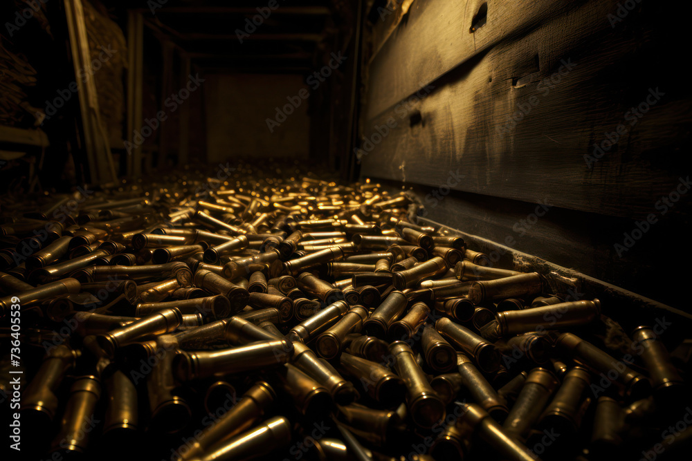 Ammunition Stockpile in Dark Storage Room - Bullet Casings Spread ...