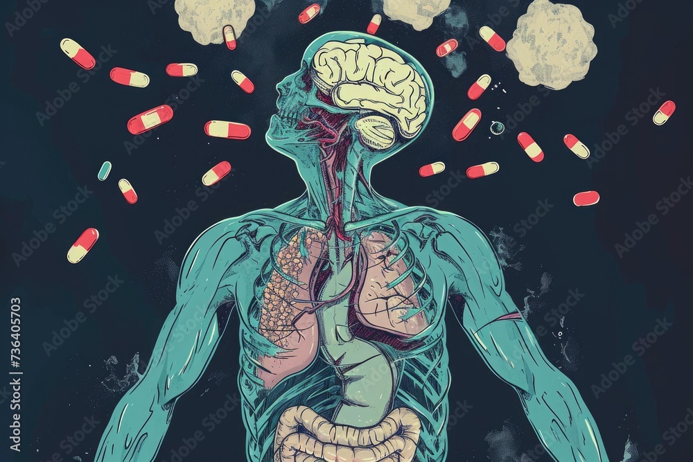 A detailed drawing of a human body with pills being expelled from its ...
