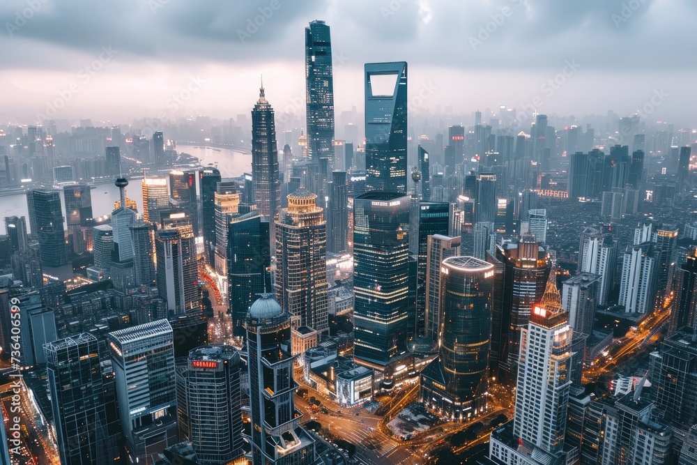 Aerial View of a Busy Cityscape With Illuminated Buildings and Streets ...