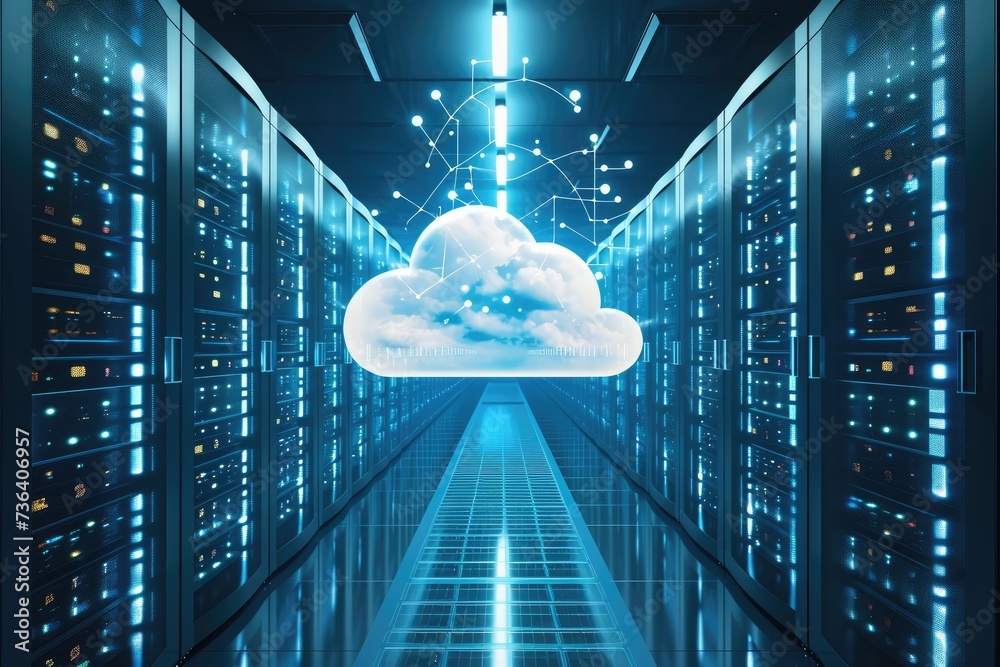 A cloud can be seen floating in the midst of a server room filled with ...
