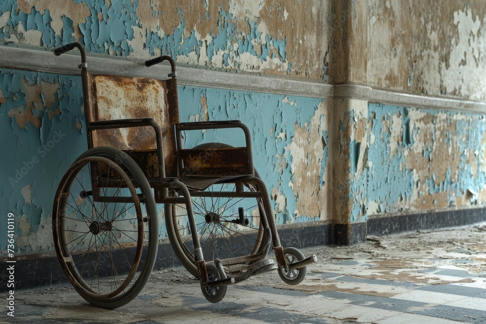 A worn-out wheelchair positioned in front of a blue wall, illustrating ...
