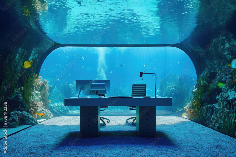 A desk covered in water is seen in this photo, with a fish tank visible ...