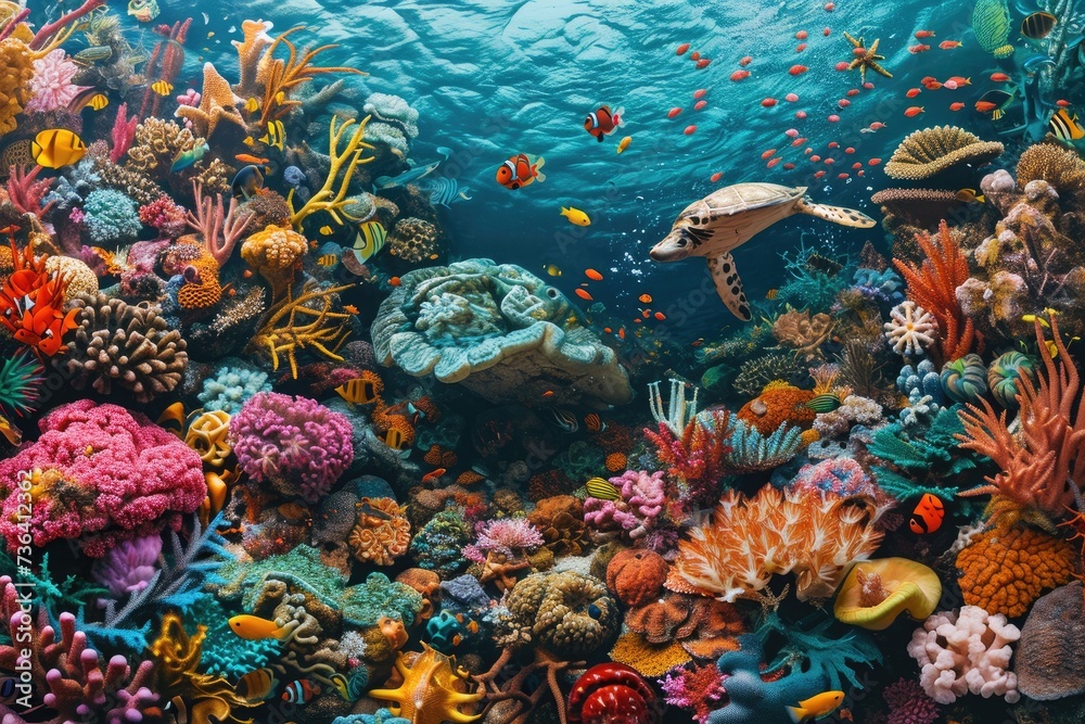A vibrant underwater scene featuring a turtle swimming amidst colorful ...