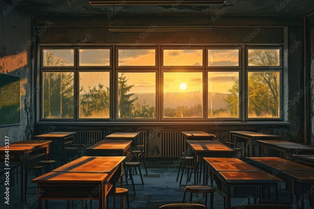 A painting of a vibrant sunset casting warm colors on the walls of a ...