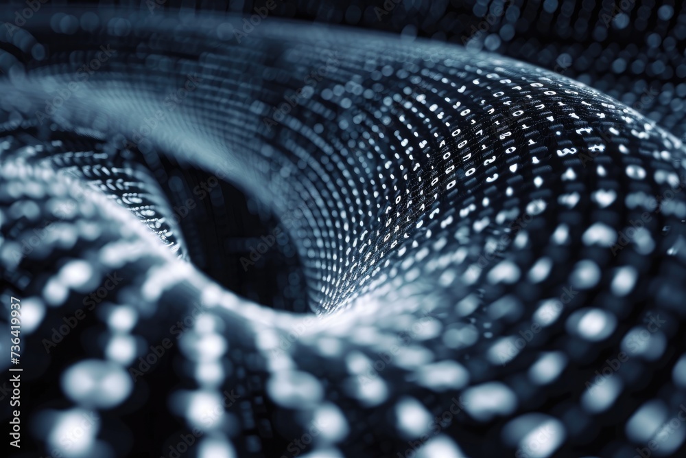 A detailed view of a computer screen showing a grid-like pattern formed by numerous dots, Binary ...