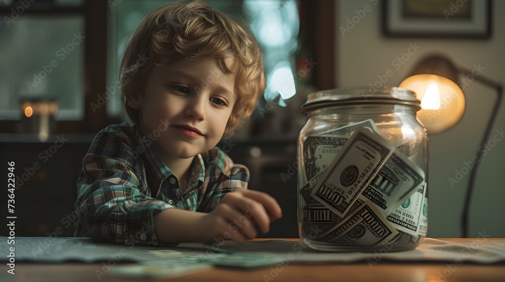 Young child considering savings in a money jar at home. teaching ...