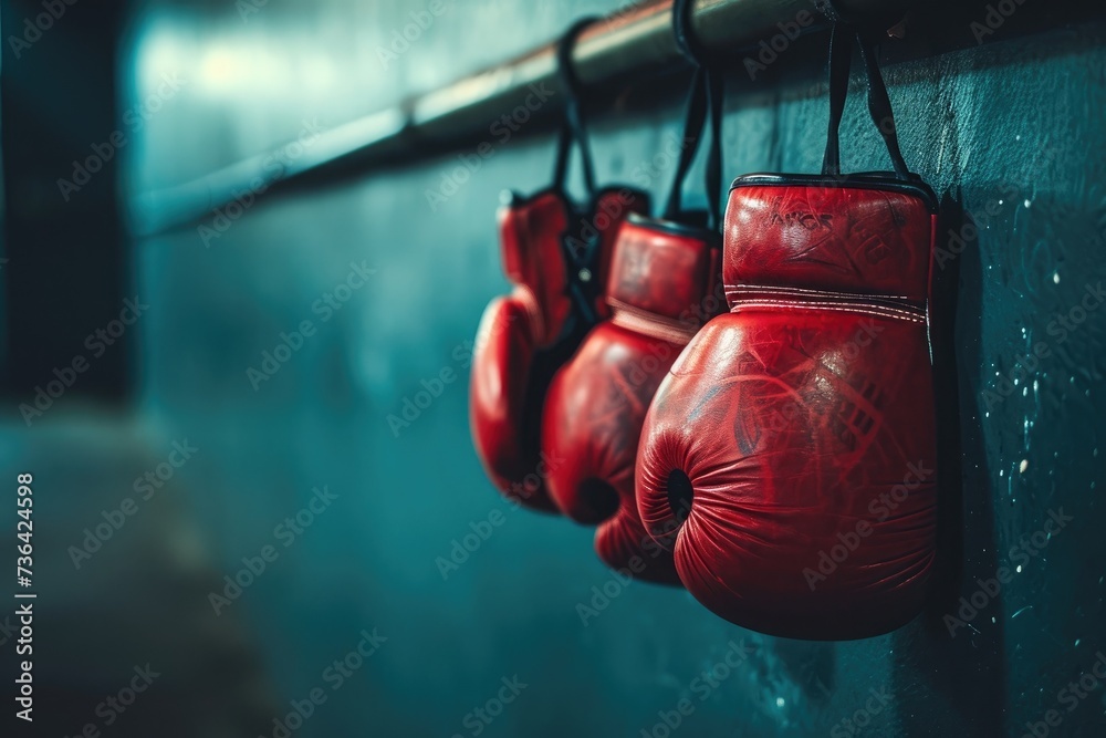 A lineup of vibrant red boxing gloves suspended on a wall, showcasing ...