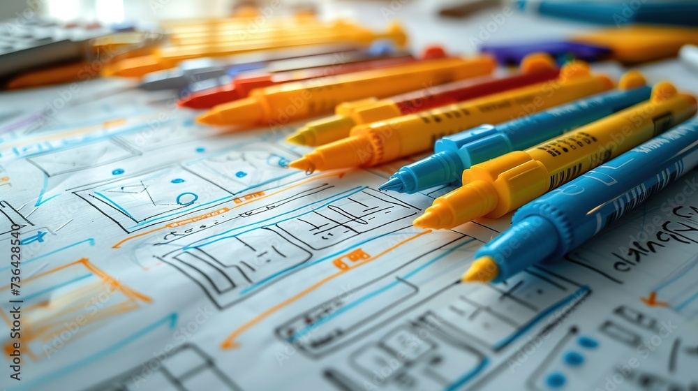 An array of colorful markers rests on a detailed architectural ...