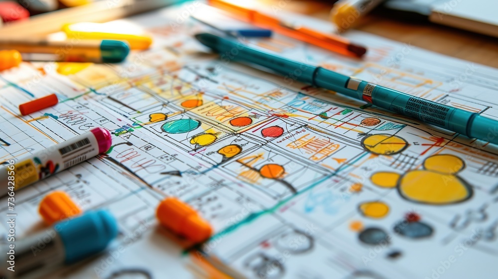 A close-up view of a comprehensive project planning chart with colorful ...