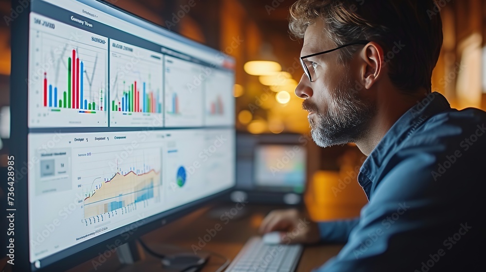 Side profile of a data analyst with glasses deeply focused on ...