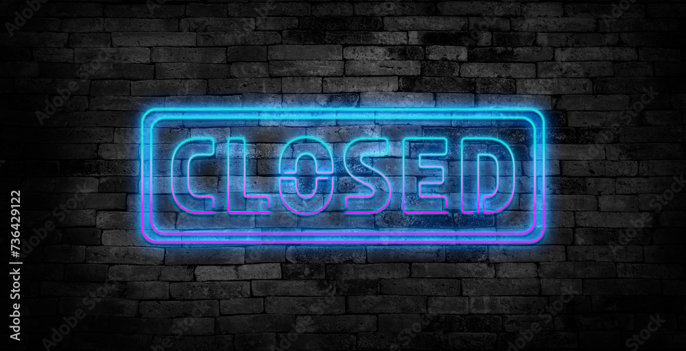 Glowing neon Closed sign with magic sparkles on dark red background ...