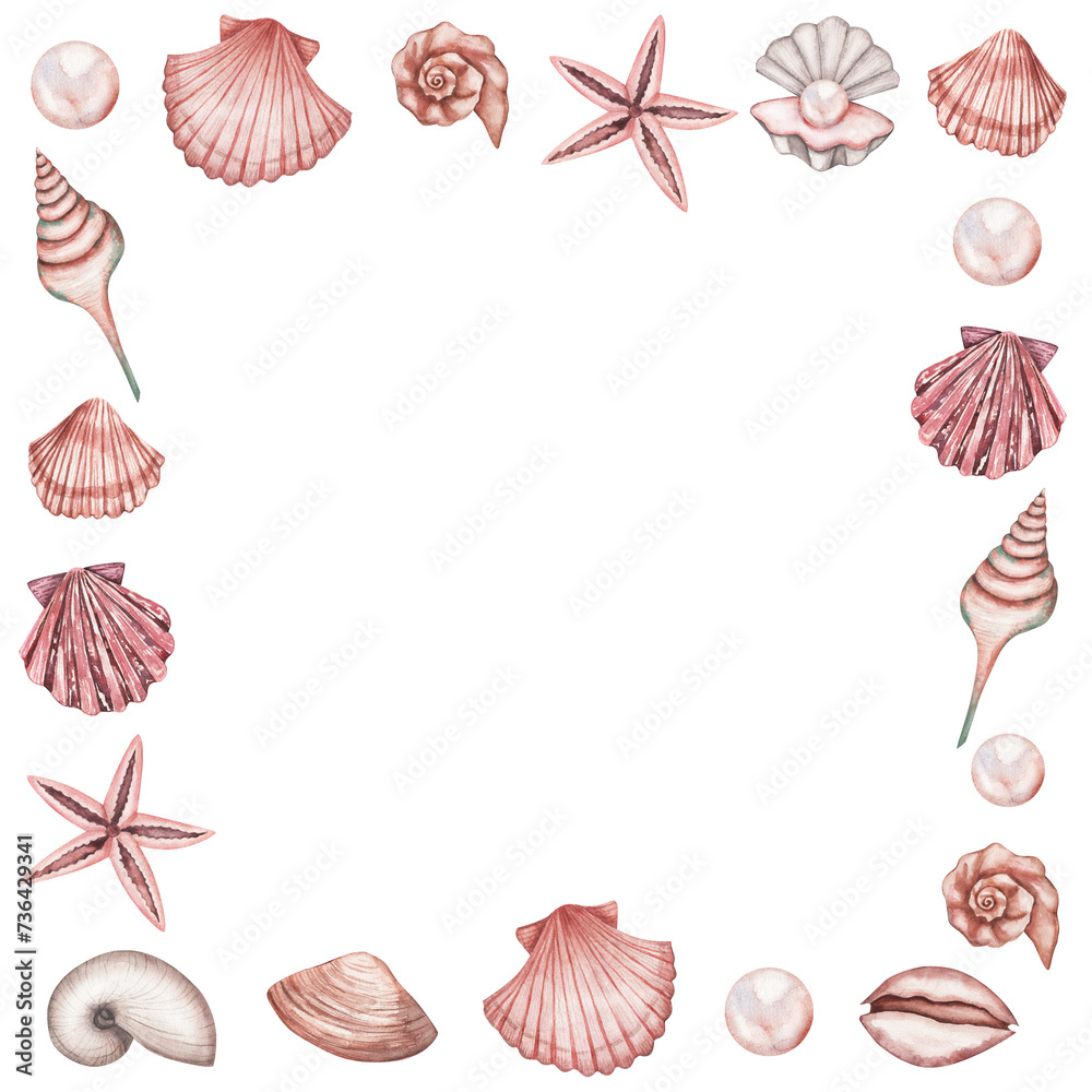 Square frame with hand painted underwater life objects, shells. Marine ...