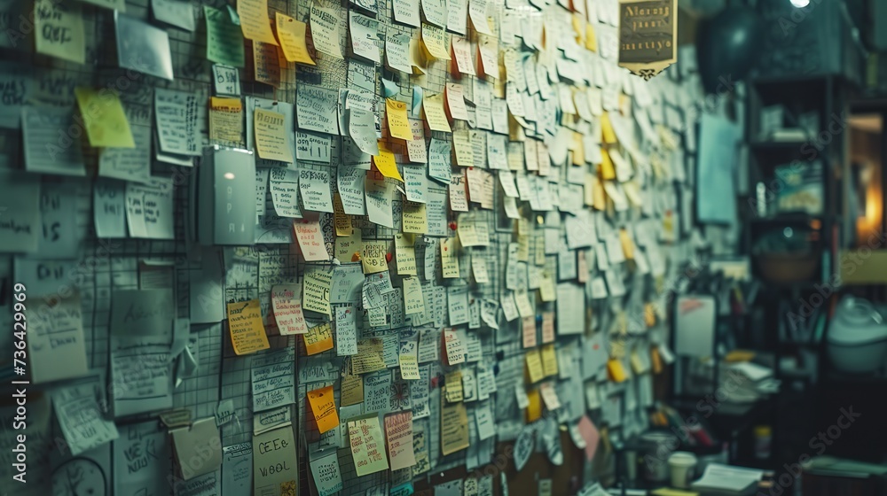 An office wall densely packed with colorful post-it notes, displaying a ...
