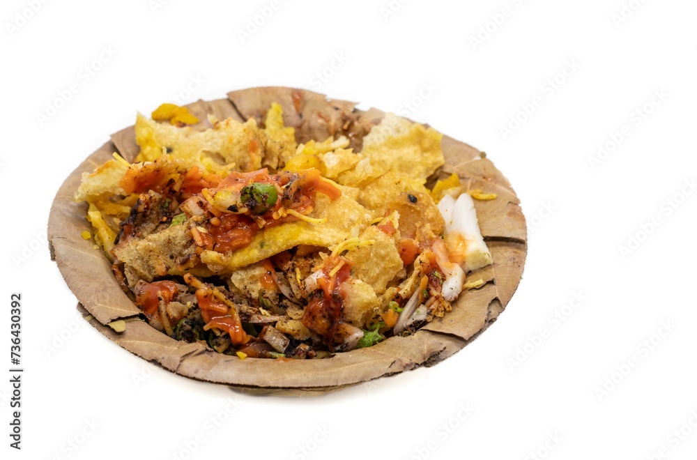 Papri Chat or Papri Chaat Garnished with Chili, Onion Cuts, Tomato ...