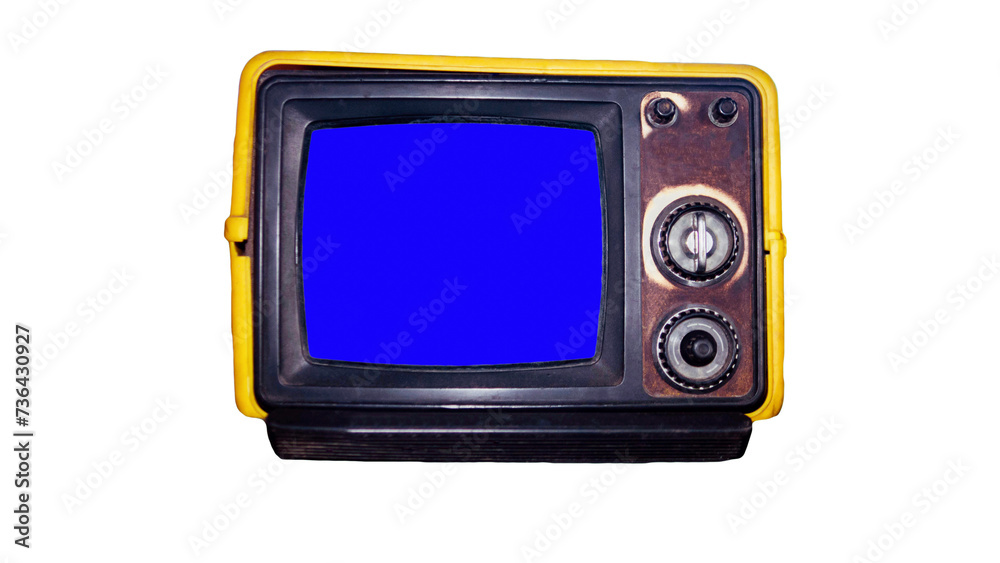Retro tv with blue screen copy space. The TV set is isolated on a white ...