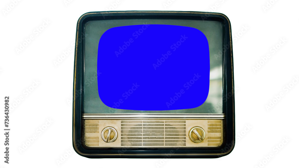 Retro tv with blue screen copy space. The TV set is isolated on a white ...