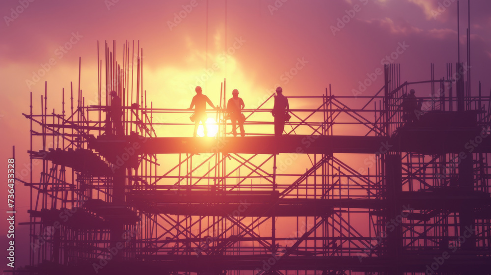 silhouette of construction workers on scaffolding against a sunset sky ...