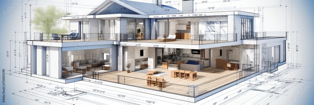 vision of architecture of a 3d model house project with blueprint Stock ...