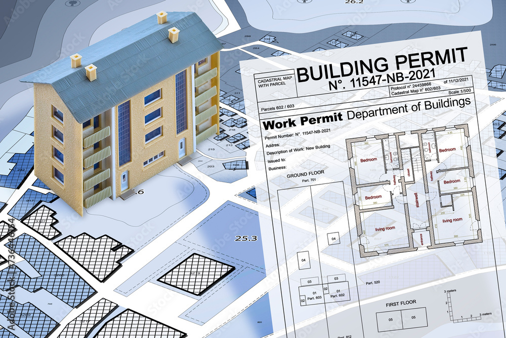 Building Permit concept with imaginary General Urban Plan and cadastral ...