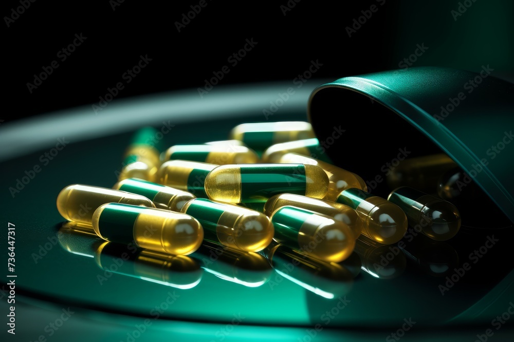 Pill omega capsules on black background banner. Fish omega gel tablets ...