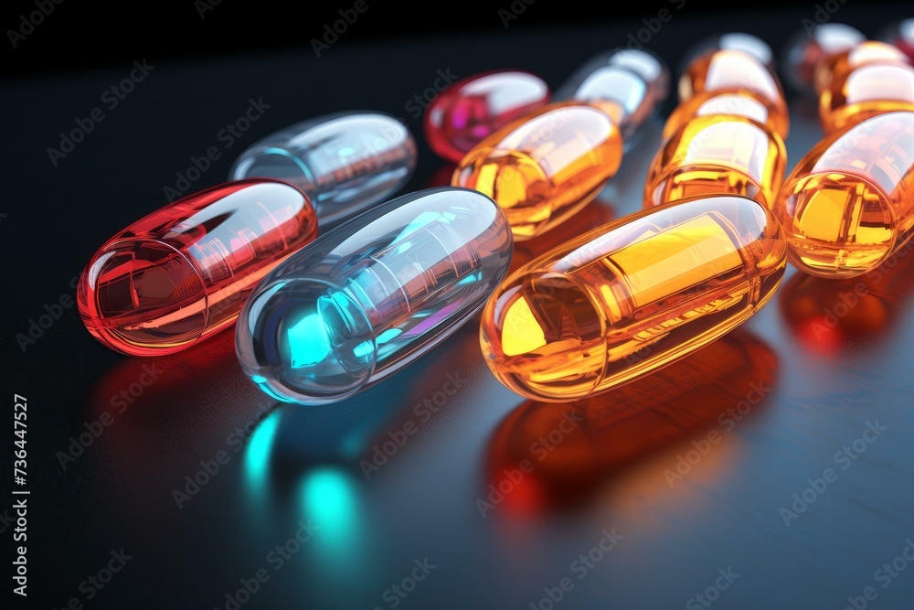 Medicinal pill omega capsules on black background banner. Fish omega ...