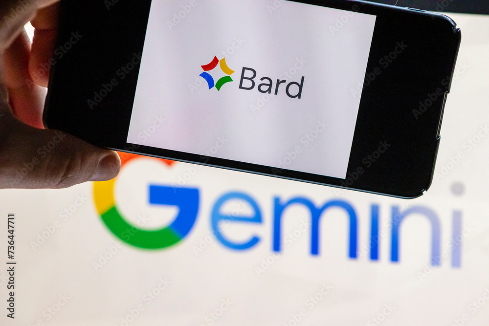 Gemini AI from Google. Change from Bard to Gemini. Company logo on the ...