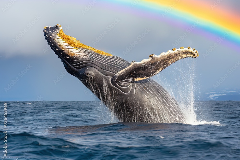 humpback whale bashing out of an ocean in front of a rainbow Stock ...