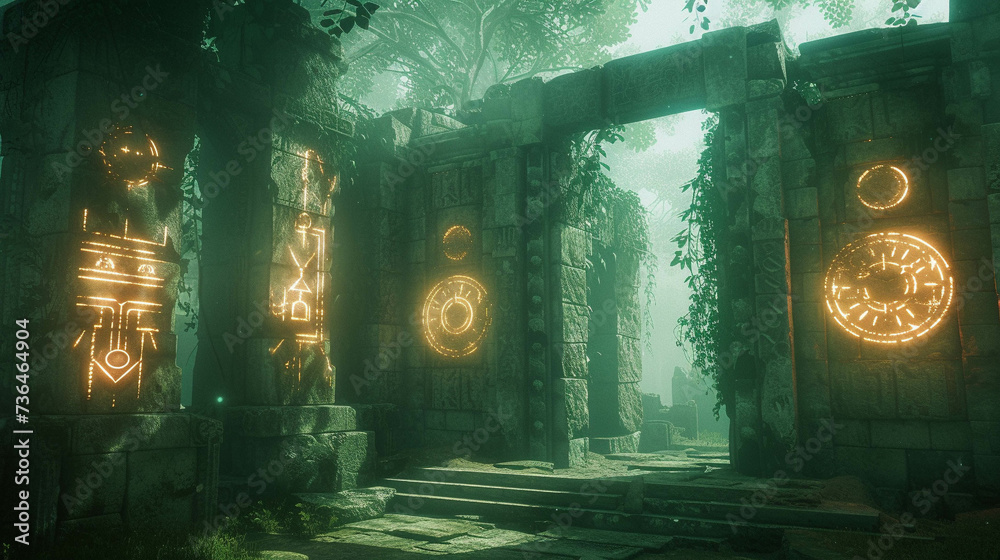 An ancient ruin bathed in soft ethereal light with glowing symbols ...