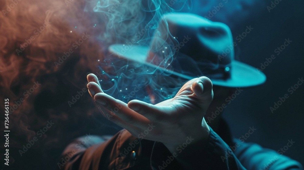 Hand gestures. illusionist holds a hat in his hands and shows magic and ...