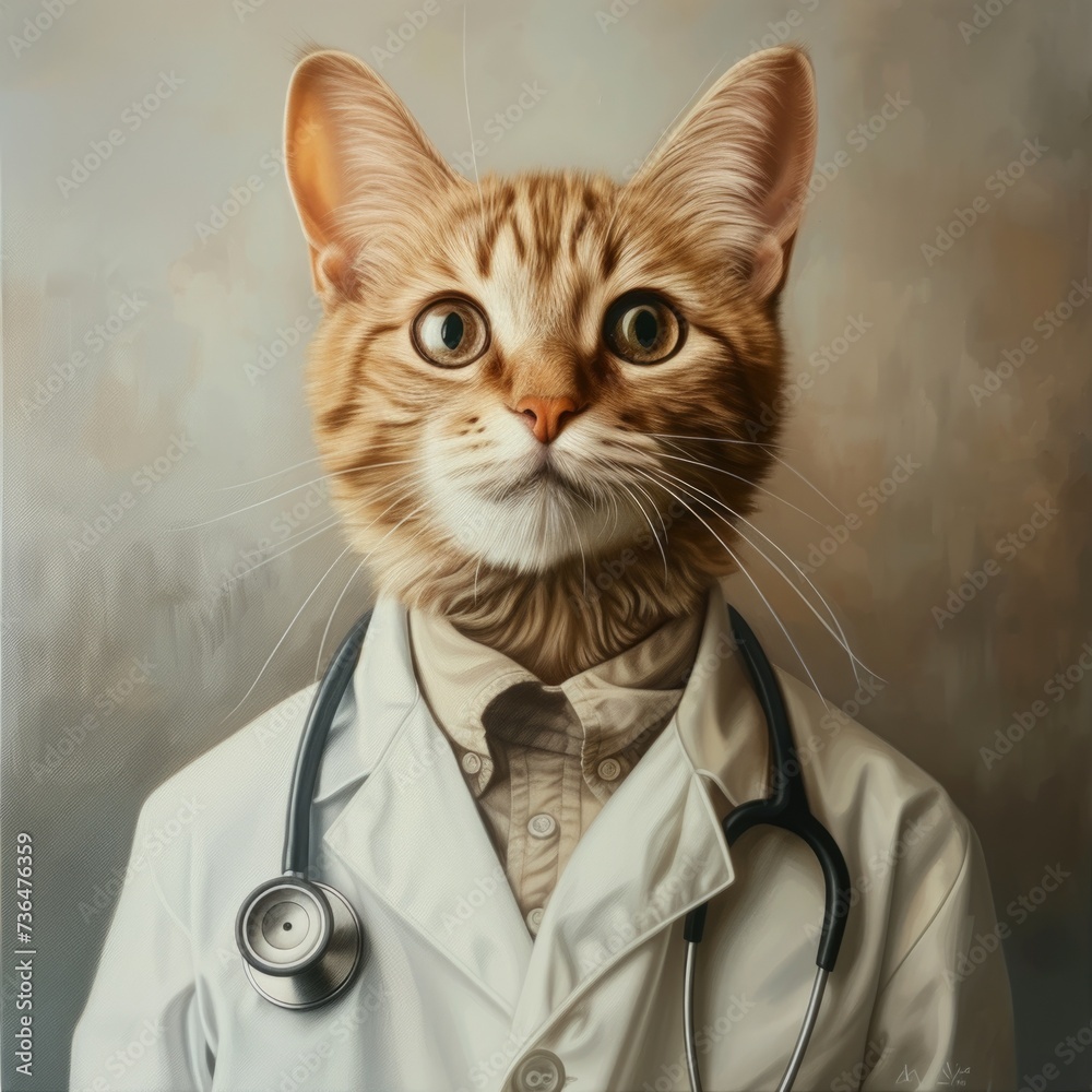 This image features a highly detailed digital artwork of a humanoid cat ...