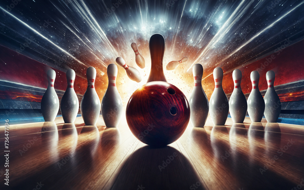 Bowling ball striking pins at a bowling alley, motion blur Stock ...