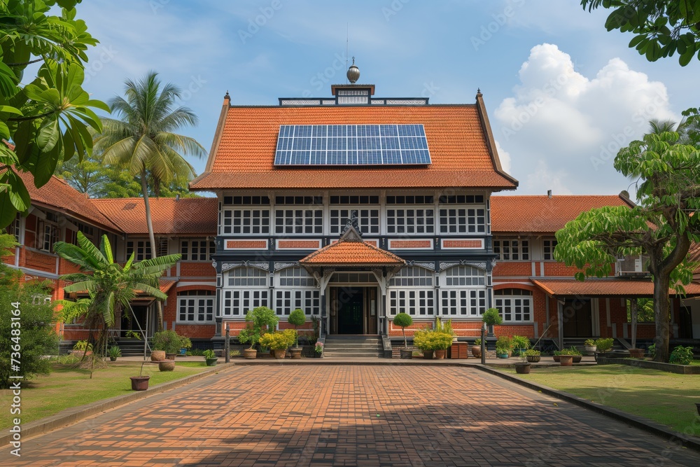 Historic building adorned with solar panels, showcasing a blend of ...