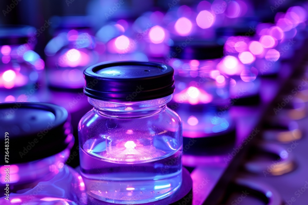 Vials on laboratory bench glow with a neon hue, hinting at biochemical ...